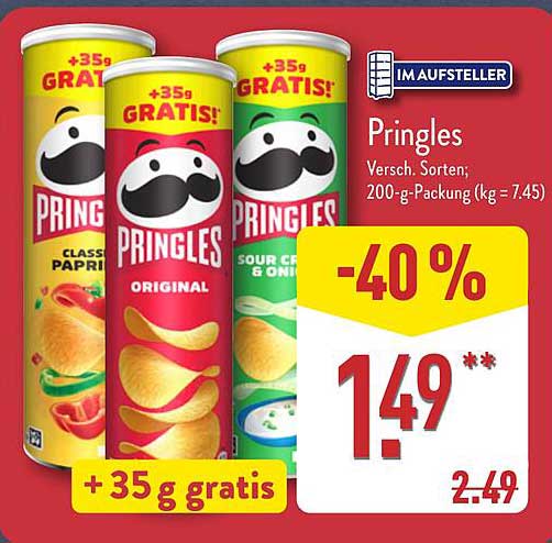 Pringles Versch. Sorten; 200-G-Packung (Kg = 7,45) Angebot bei Aldi Nord