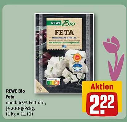 Rewe Bio Feta - Mind. 45% Fett I.tr., Je 200-G-Päckg. Angebot bei REWE ...