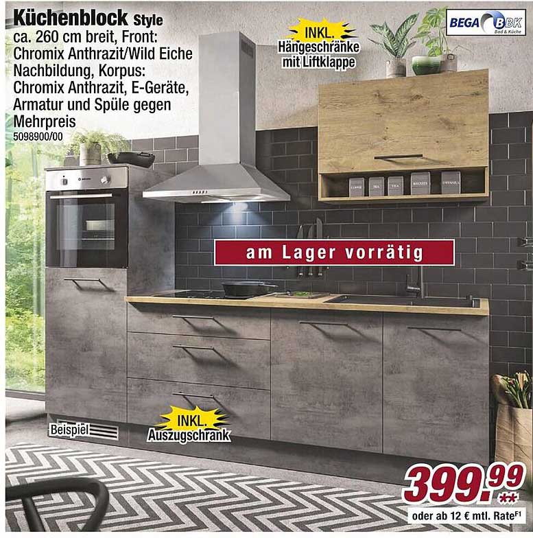 Küchenblock Style, Ca. 260 Cm Breit, Chromix Anthrazit/Wild Eiche ...