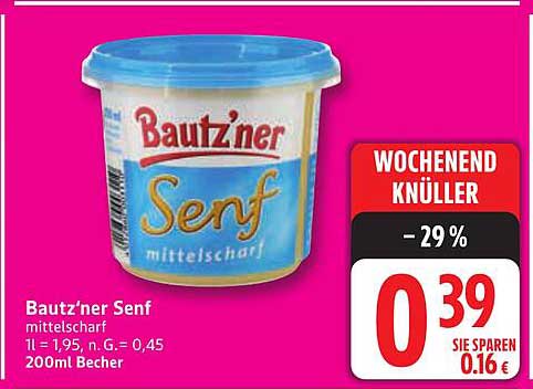 Baut'zner Senf Mittelscharf 200Ml Becher Angebot bei Edeka