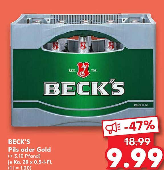 Beck's Pils Oder Gold 20 X 0,5 L (1 L = 1,00) Angebot bei Kaufland ...