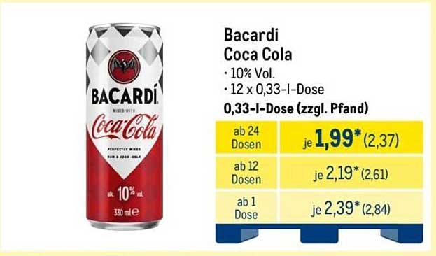 Bacardi Mit Coca Cola – 10% Vol., 12 X 0,33-I-Dose Angebot bei METRO ...