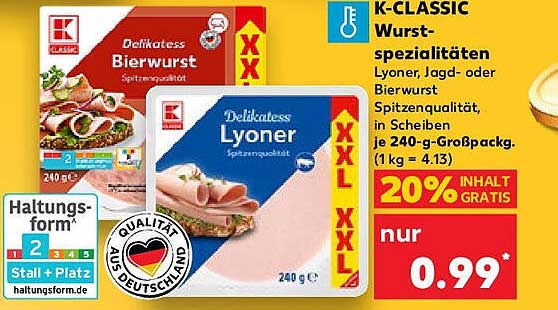 K-Classic Wurst-Spezialitäten Lyoner, Jagd- Oder Bierwurst Angebot bei ...