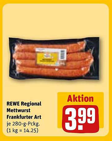 Rewe Regional Mettwurst Frankfurter Art - 280G Packung Angebot bei REWE ...