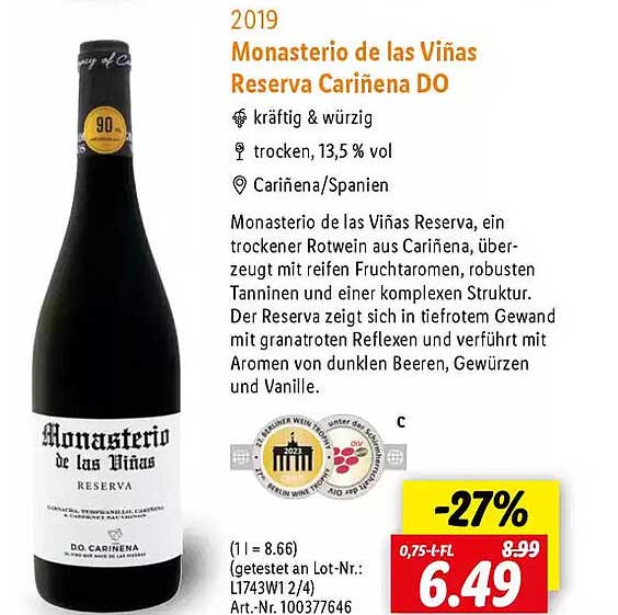 Monasterio De Las Viñas Reserva Cariñena Do Angebot bei Lidl ...