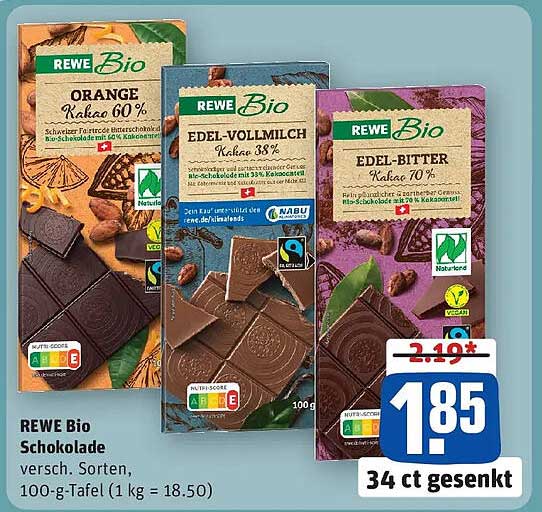 Rewe Bio Schokolade Versch. Sorten, 100-G-Tafel Angebot bei REWE ...