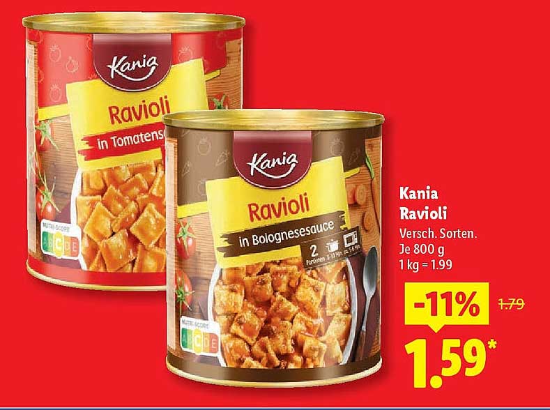 Kania Ravioli In Bolognesesauce Und Tomatensauce Angebot bei Lidl ...