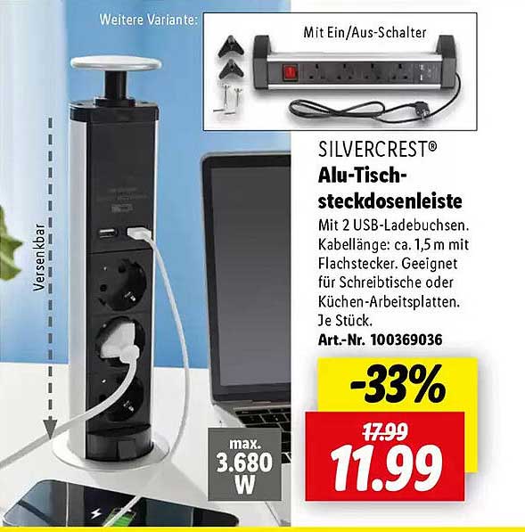 Silvercrest® Alu-Tischsteckdosenleiste Angebot bei Lidl - ProspektGuru.de