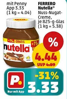 Ferrero Nutella* Nuss-Nugat-Creme, Je 825-G-Glas Angebot bei Penny