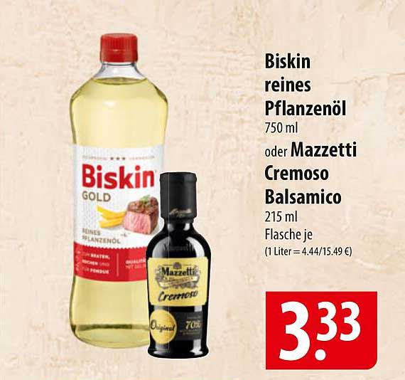 Biskin Reines Pflanzenöl 750 Ml Oder Mazzetti Cremoso Balsamico 215 Ml ...