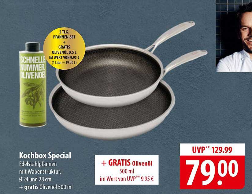 Kochbox Special: 2-Tlg. Pfannen-Set + Gratis Olivenöl 500 Ml Angebot bei Famila Nord Ost ...