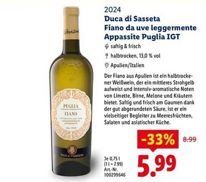 Duca Di Sasseta Fiano Da Uve Leggermente Appassite Puglia Igt Angebot ...