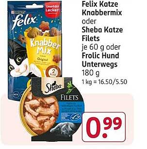 Felix Katze Knabbermix Oder Sheba Katze Filets Je 60 G Oder Frolic Hund ...