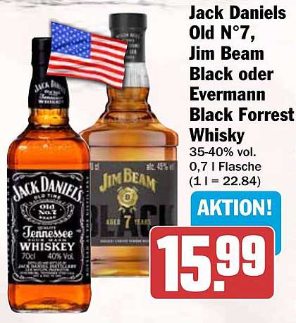 Jack Daniels Old N°7, Jim Beam Black Oder Evermann Black Forrest Whisky ...
