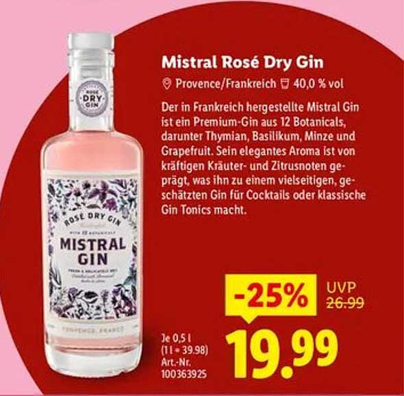 Mistral Rosé Dry Gin Angebot bei Lidl - ProspektGuru.de
