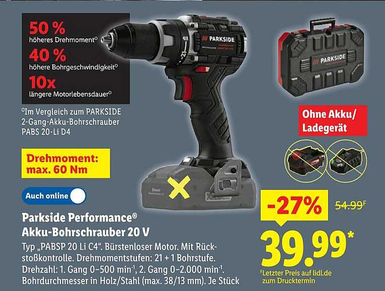 Parkside Performance® Akku-Bohrschrauber 20 V Angebot bei Lidl ...