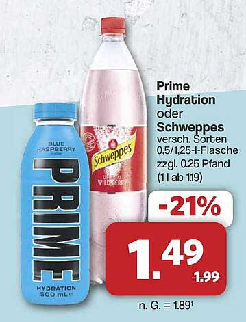 Prime Hydration Oder Schweppes Versch. Sorten 0,5/1,25-L-Flasche Zzgl ...