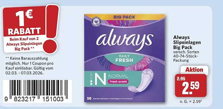 Always Slipeinlagen Big Pack Versch. Sorten 40-74-Stück-Packung Angebot ...