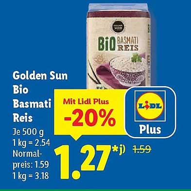 Golden Sun Bio Basmati Reis Angebot bei Lidl - ProspektGuru.de