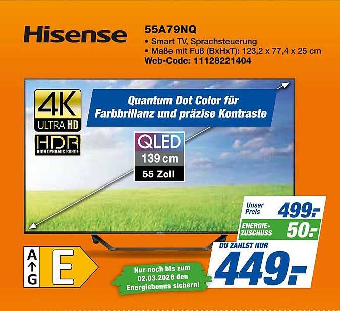 Hisense 55A79Nq • Smart Tv, Sprachsteuerung • Maße Mit Fuß (Bxhxt): 123 ...