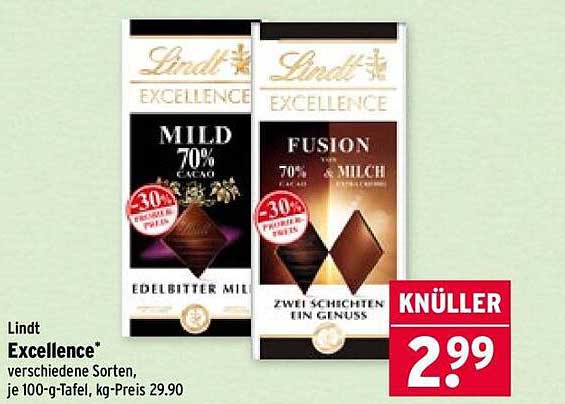 Lindt Excellence* Verschiedene Sorten, Je 100-G-Tafel, Kg-Preis 29.90 ...