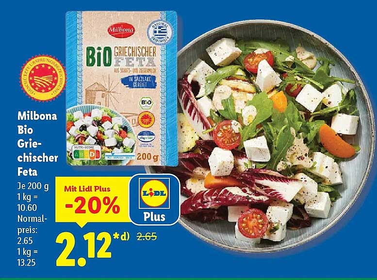 Milbona Bio Griechischer Feta Angebot bei Lidl - ProspektGuru.de