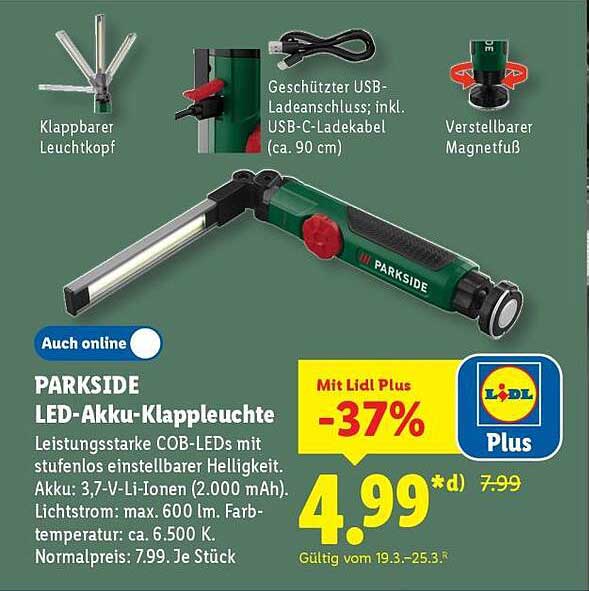 Parkside Led-Akku-Klappleuchte Angebot bei Lidl - ProspektGuru.de