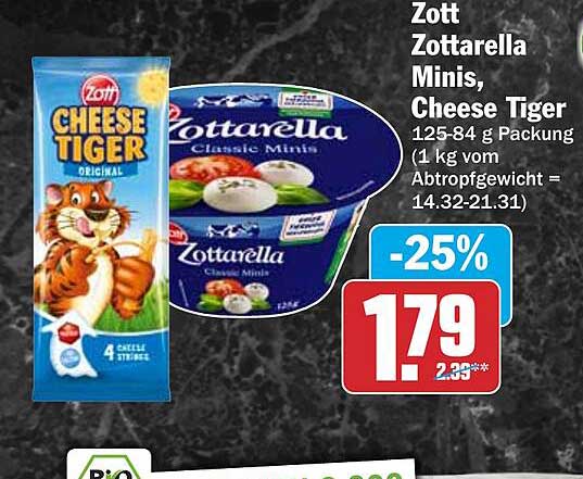 Zott Zottarella Minis, Cheese Tiger 125-84 G Packung Angebot bei Hit ...