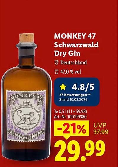 Monkey 47 Schwarzwald Dry Gin Angebot bei Lidl - ProspektGuru.de