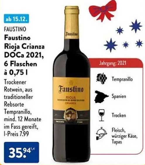 Faustino Rioja Crianza Doca 2021, 6 Flaschen À 0,75 L Angebot bei Aldi Süd