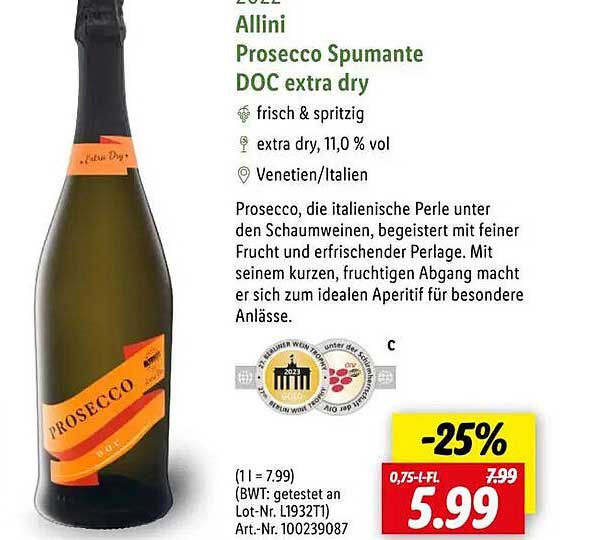 Allini Prosecco Spumante Doc Extra Dry Angebot bei Lidl