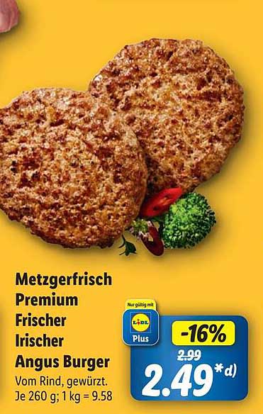 Metzgerfrisch Premium Frischer Irischer Angus Burger Angebot bei Lidl ...