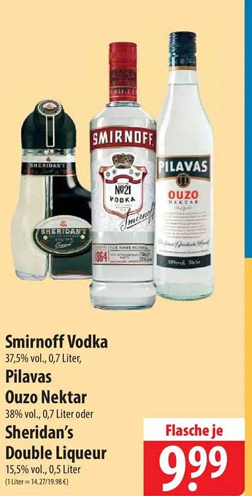Smirnoff Vodka 37,5% Vol., 0,7 Liter, Pilavas Ouzo Nektar 38% Vol., 0,7 ...