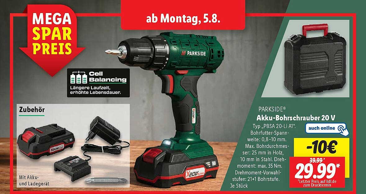 Parkside Akku-Bohrschrauber 20 V Angebot bei Lidl