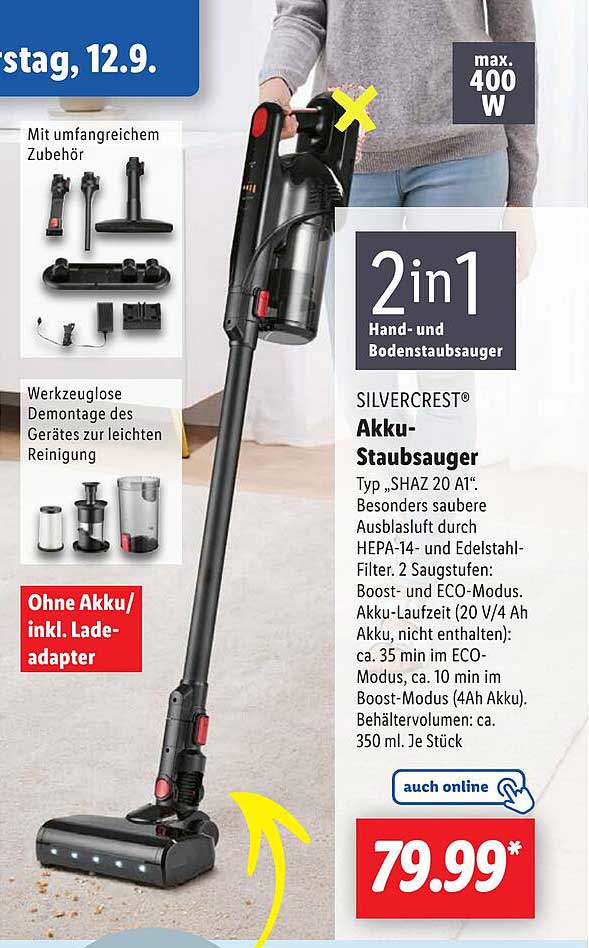 2In1 Hand- Und Bodenstaubsauger Silvercrest® Akkustaubsauger Typ „Shaz 20 A1“ Angebot bei Lidl