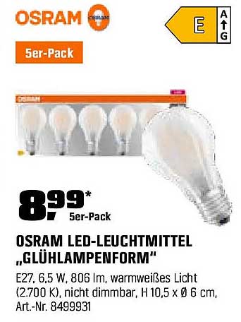 Osram Led-Leuchtmittel „Glühlampenform“ 5Er-Pack Angebot bei OBI - ProspektGuru.de