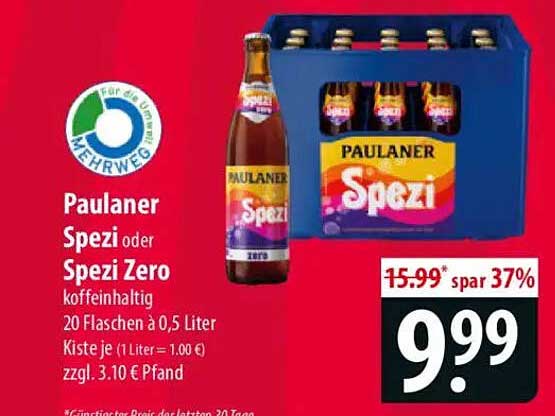 Paulaner Spezi Oder Spezi Zero Koffeinhaltig 20 Flaschen À 0,5 Liter ...