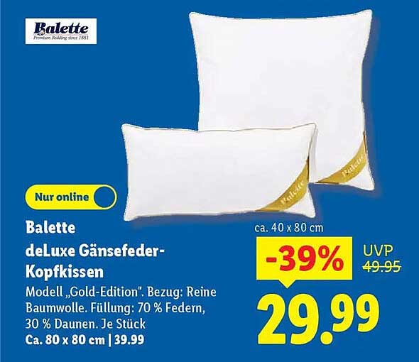 Balette Deluxe Gänsefeder-Kopfkissen Angebot bei Lidl - ProspektGuru.de