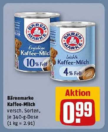 Bärenmarke Kaffee-Milch Versch. Sorten, Je 340-G-Dose Angebot bei REWE ...