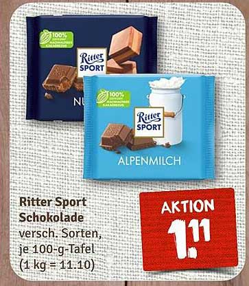 Ritter Sport Schokolade Verschied. Sorten, Je 100-G-Tafer (1 Kg = 11.10 ...