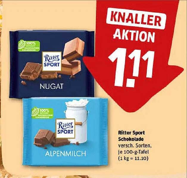 Ritter Sport Schokolade Verschied. Sorten, Je 100-G-Tafer (1 Kg = 11.10 ...