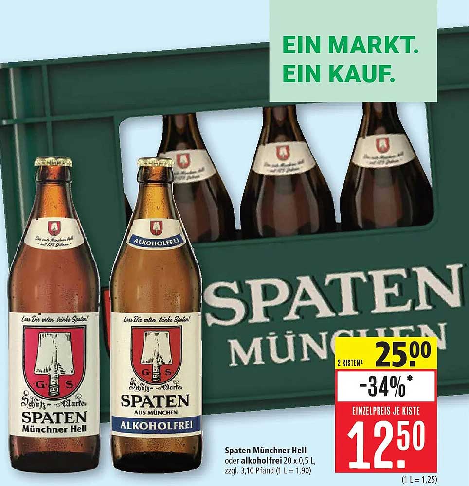 Spaten Münchner Hell Oder Alkoholfrei 20 X 0,5 L Angebot bei Marktkauf ...