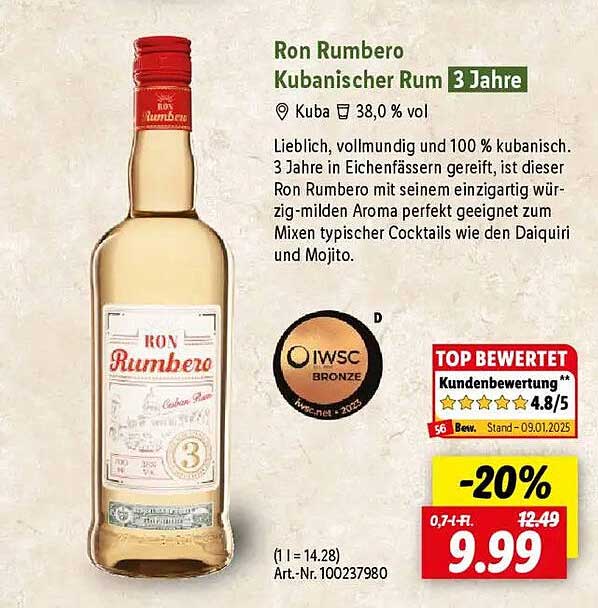 Ron Rumbiero Kubanischer Rum 3 Jahre Angebot bei Lidl