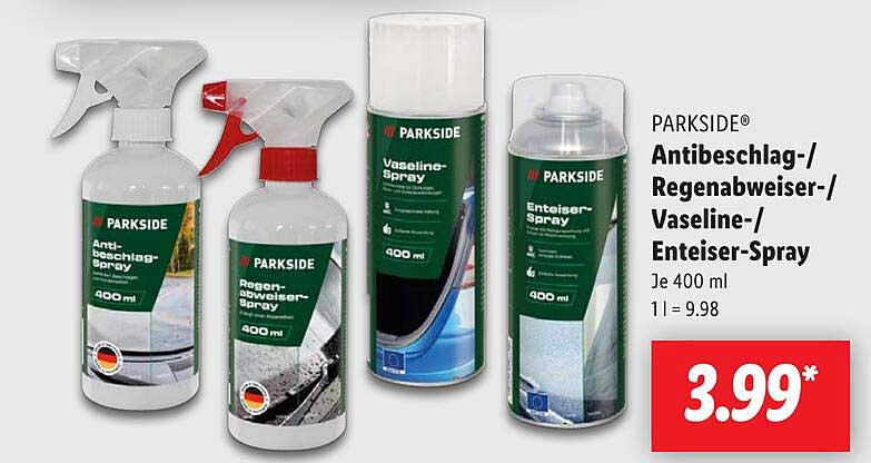 Parkside Antibeschlag-/Regenabweiser-/Vaseline-/Enteiserspray Angebot ...