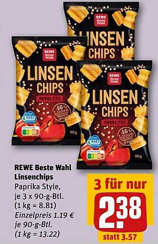 Rewe Beste Wahl Linsenchips Paprika Style, 3 X 90 G Angebot bei REWE ...