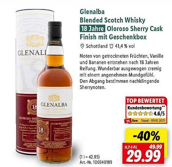 Glenalba Blended Scotch Whisky 18 Jahre Oloroso Sherry Cask Finish Mit ...