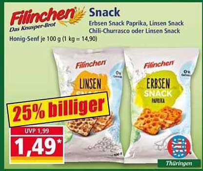 Filinchen Snack Erbsen Snack Paprika, Linsen Snack Chili-Churrasco Oder ...