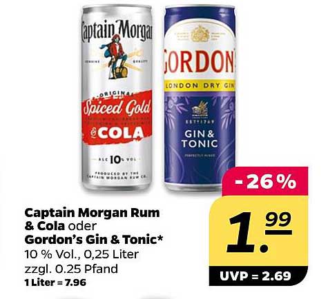 Captain Morgan Rum & Cola Oder Gordon's Gin & Tonic 0,25 Liter Angebot ...