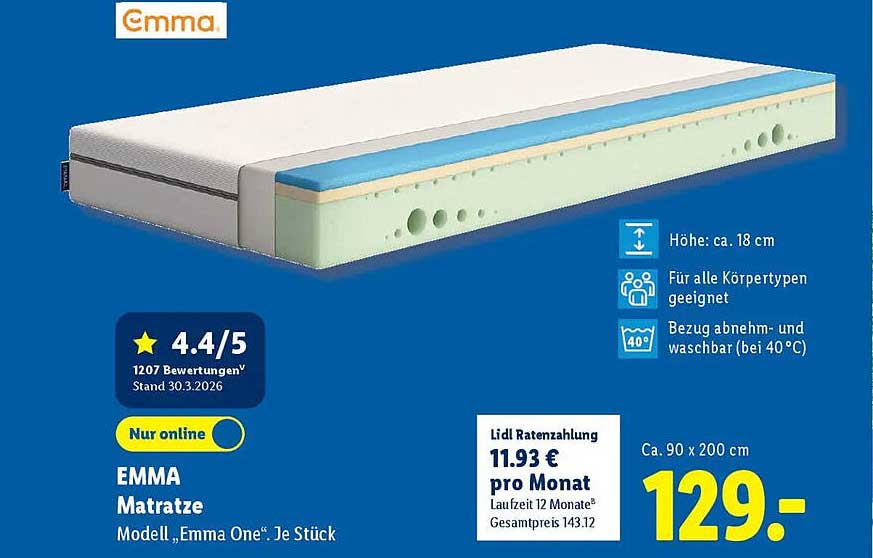 Emma Matratze Modell „Emma One“ Je Stück Angebot bei Lidl - ProspektGuru.de