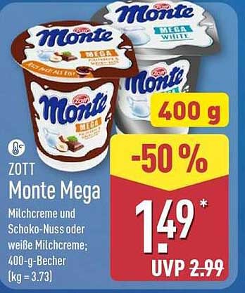 Zott Monte Mega Milchcreme Und Schoko-Nuss Oder Weiße Milchcreme; 400-G ...
